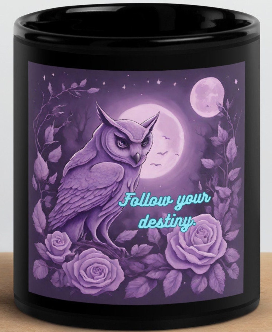 Follow Your Destiny, Owls and Moon Black Mug - Etsy