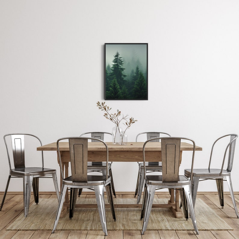 Green Misty Forest Print , Printable Wall Art, Foggy Coniferous Tree ...