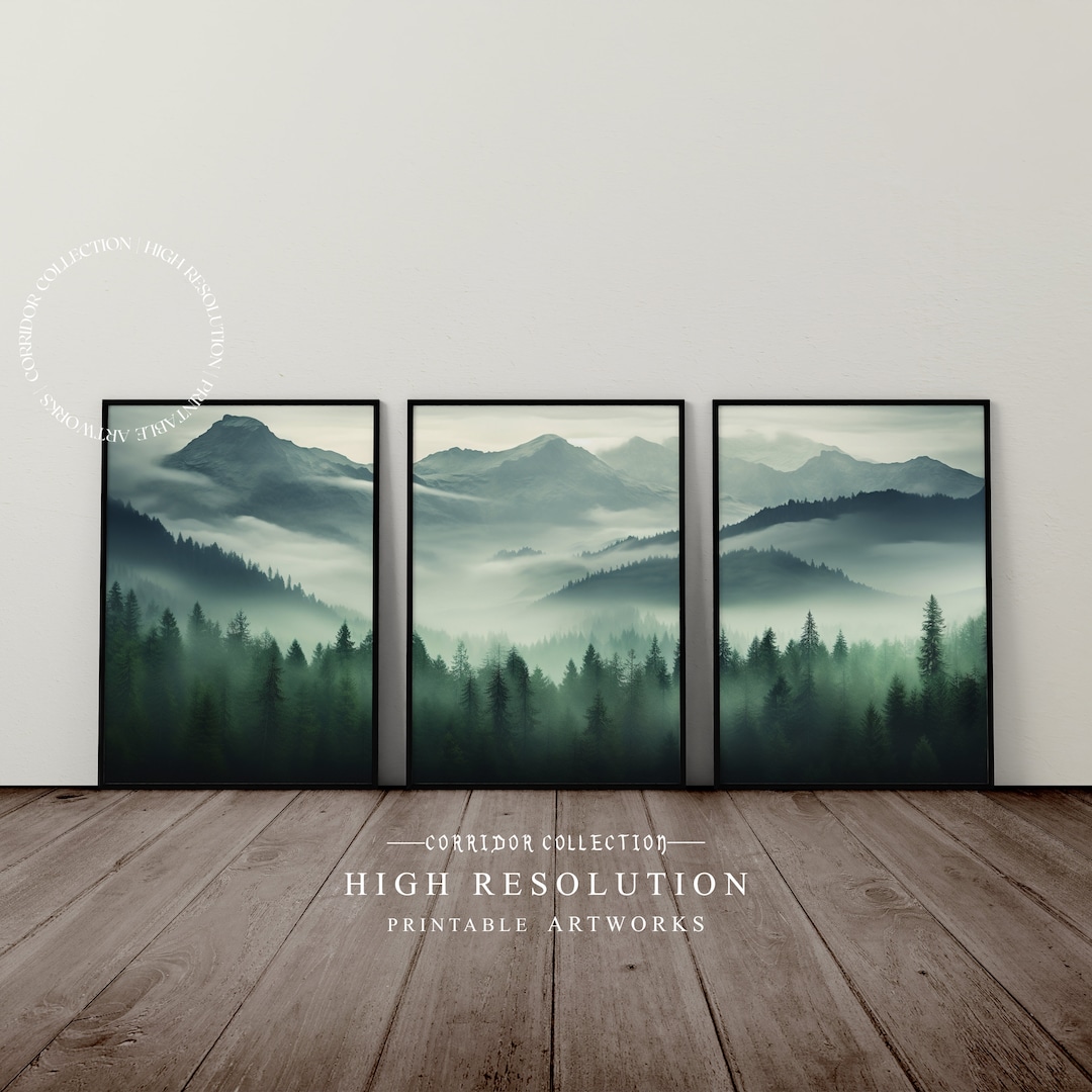 Foggy Forest Print, Set of 3 Forest Printable Wall Art, Misty Forest ...
