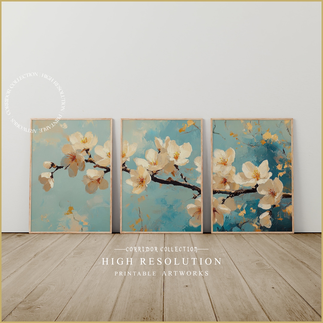 Floral Cherry Blossom Wall Art, Set of 3, Prints, Blue and Cream Decor ...
