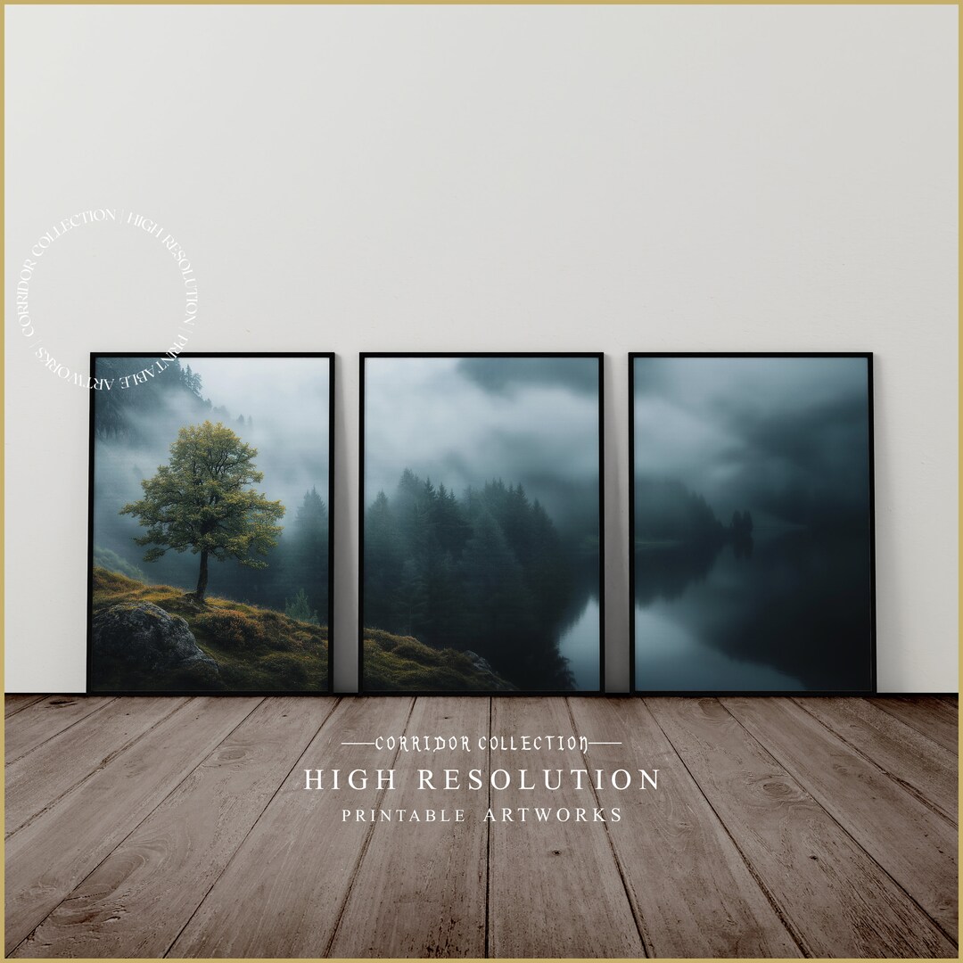 Nature Landscape Set of 3 Prints, Forest Wall Art, Misty Morning Trees ...