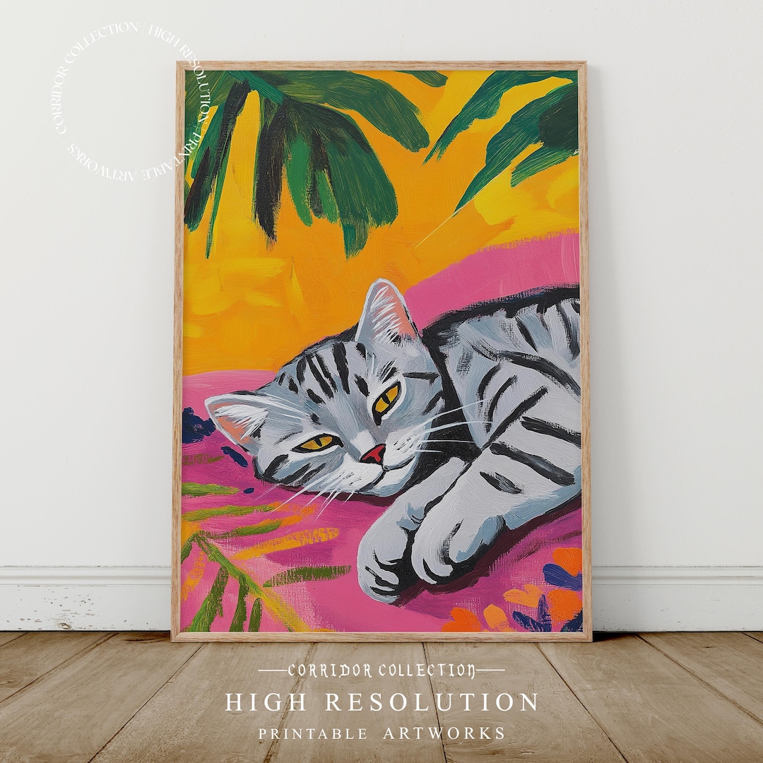 Colorful Cat Wall Art Print, Vibrant Kitty Painting, Bright Cat Poster ...