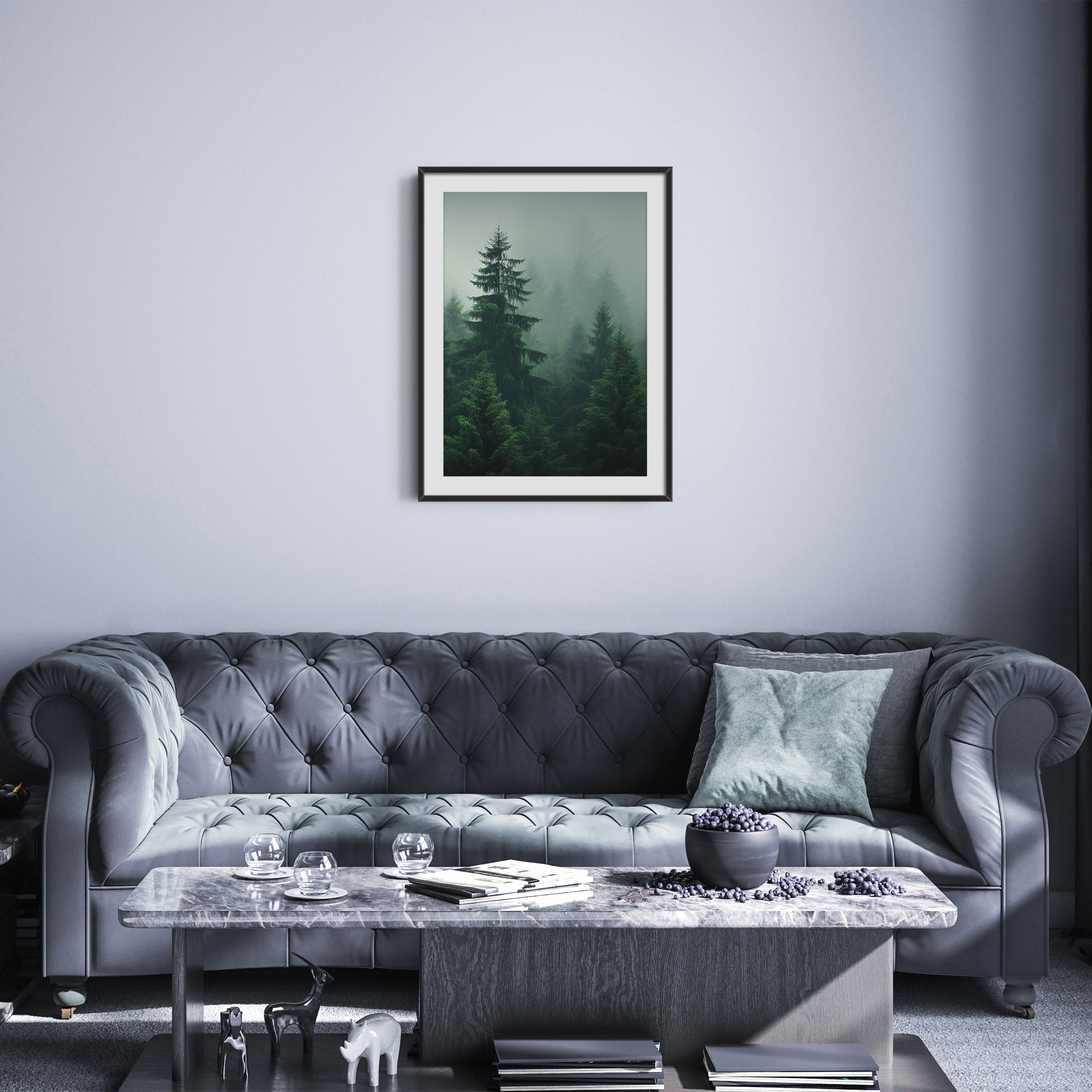 Green Misty Forest Print , Printable Wall Art, Foggy Coniferous Tree ...