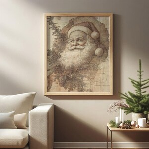 Vintage Santa Claus Wall Art, Rustic Christmas Decor, Burned Wood Print ...