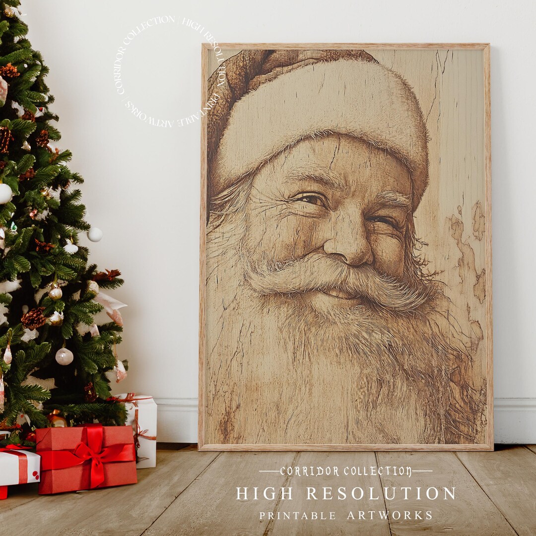 Rustic Santa Claus Wall Art, Burned Wood Santa Print, Christmas Holiday ...