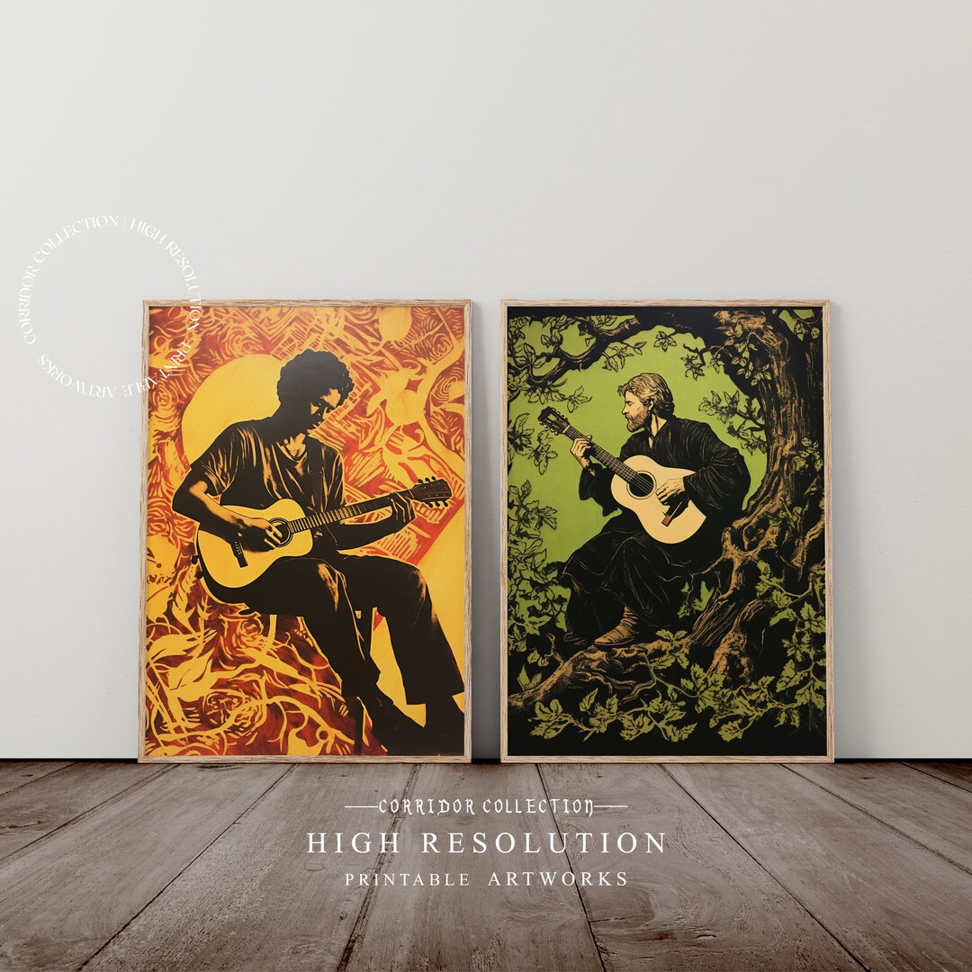 Vintage Musician Print, Retro Music Poster Set , Woodcut Style 2 Piece ...