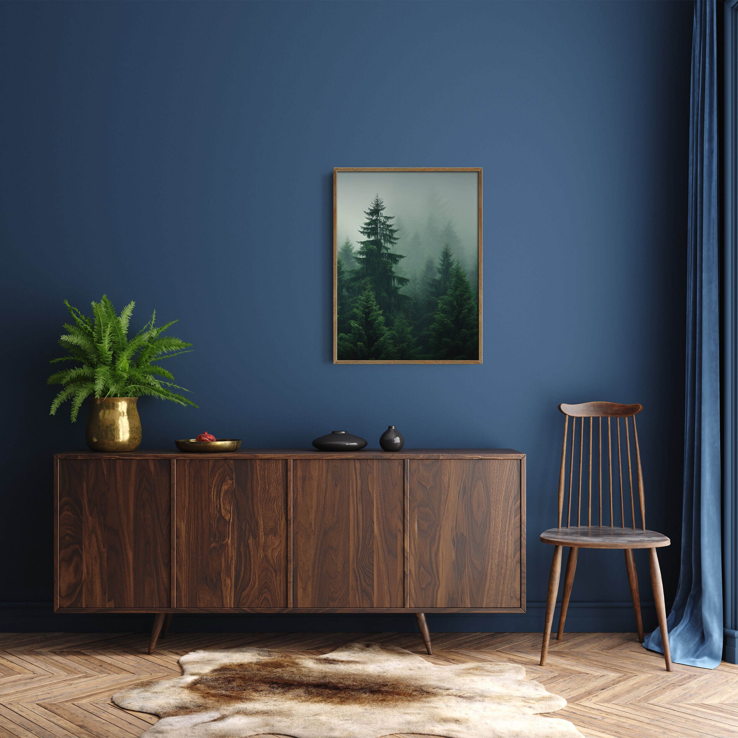 Green Misty Forest Print , Printable Wall Art, Foggy Coniferous Tree ...