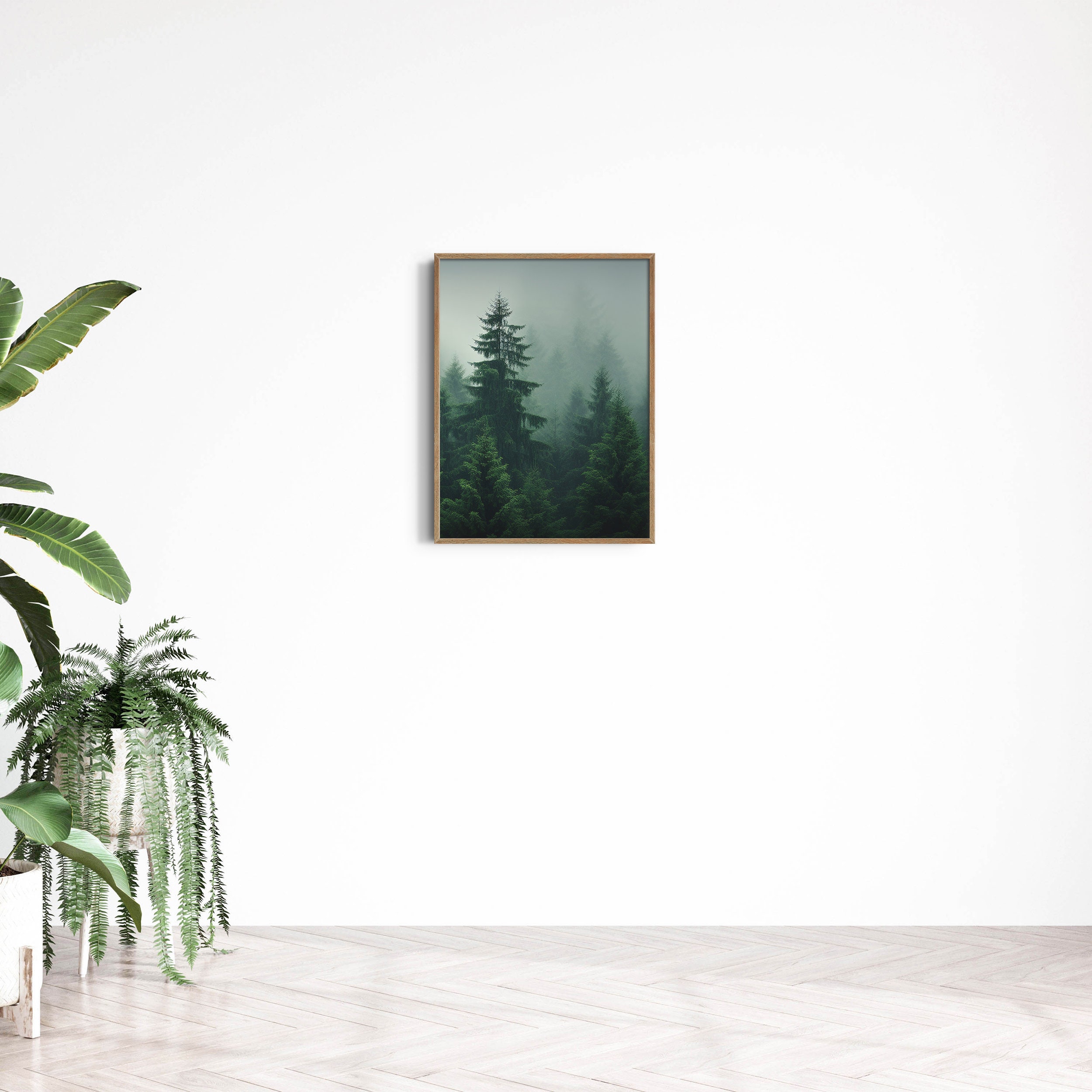 Green Misty Forest Print , Printable Wall Art, Foggy Coniferous Tree ...