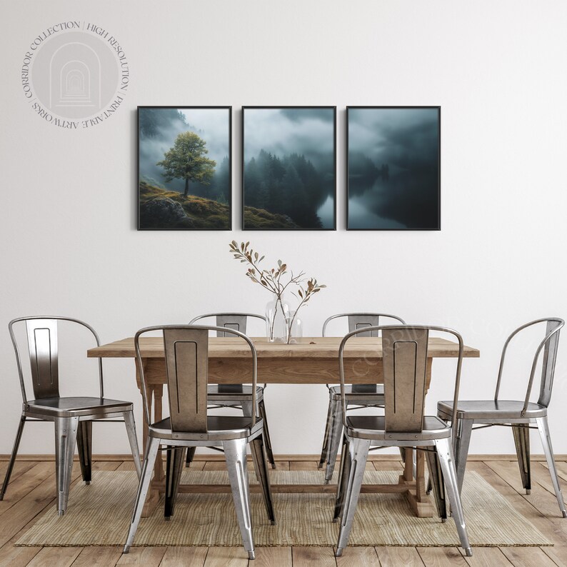 Nature Landscape Set of 3 Prints, Forest Wall Art, Misty Morning Trees ...