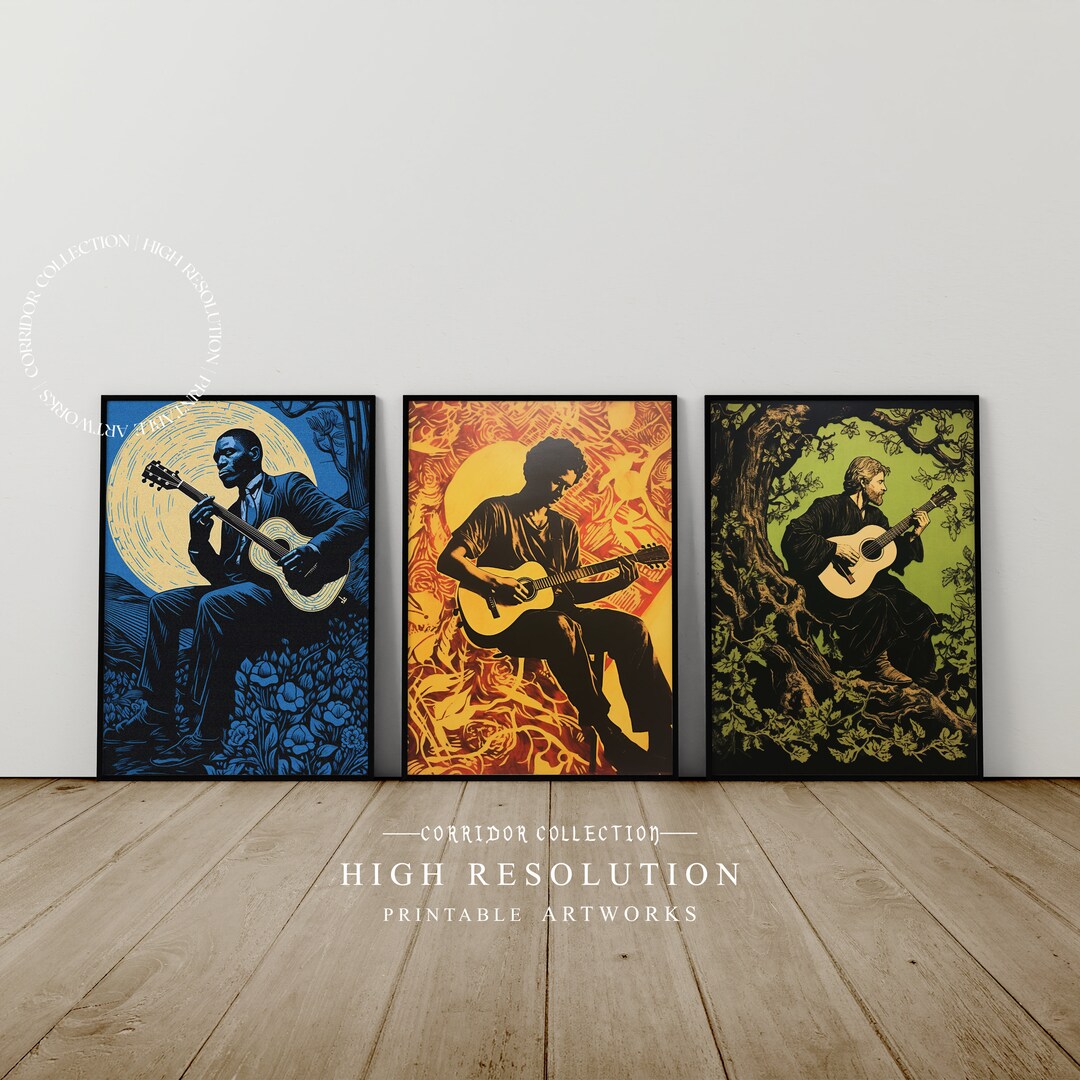 Vintage Musician Print, WOODCUT Retro Music Poster Print, Set of 3 ...