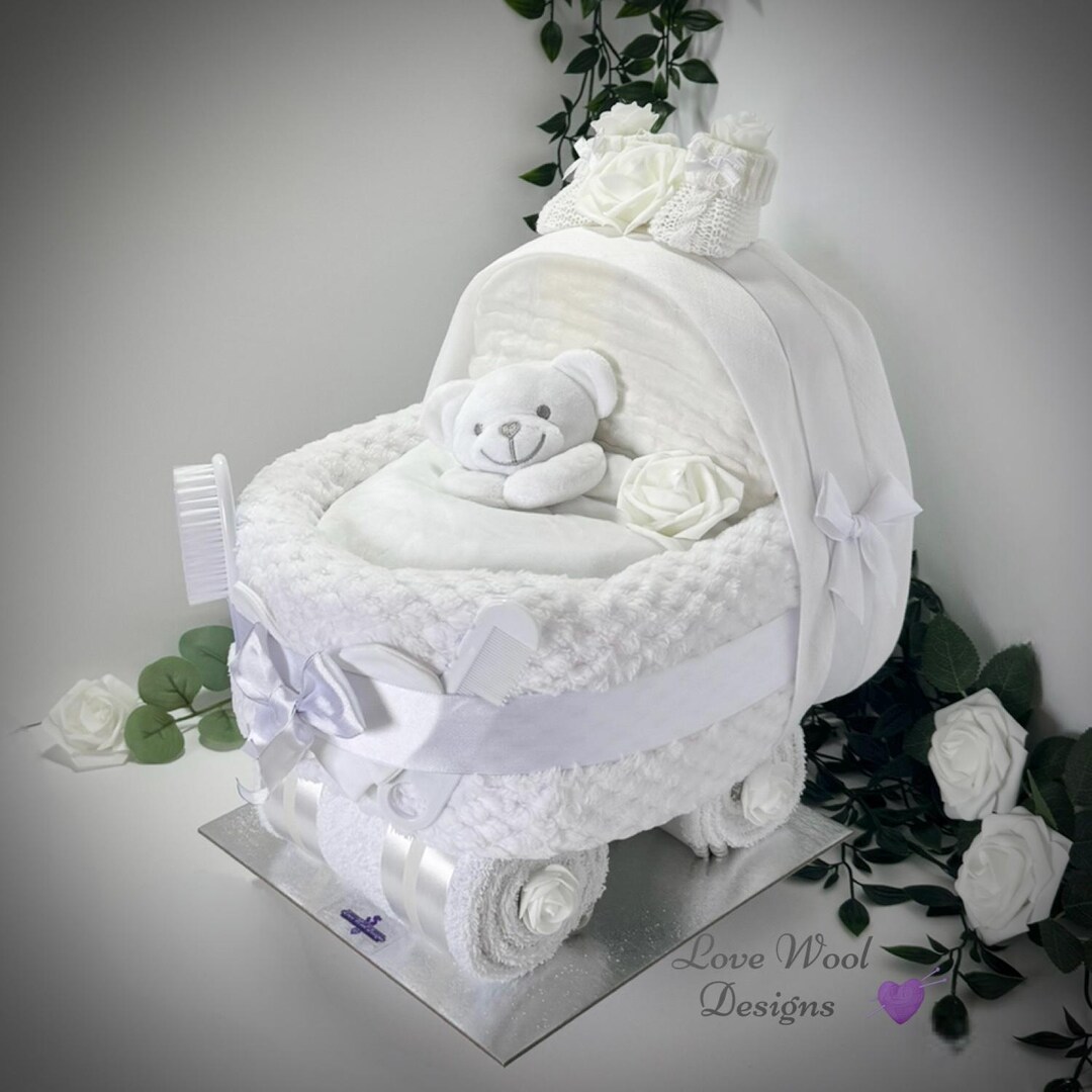 Nappy Cake Pram, White Unisex, Baby Shower, Maternity Leave, Newborn ...
