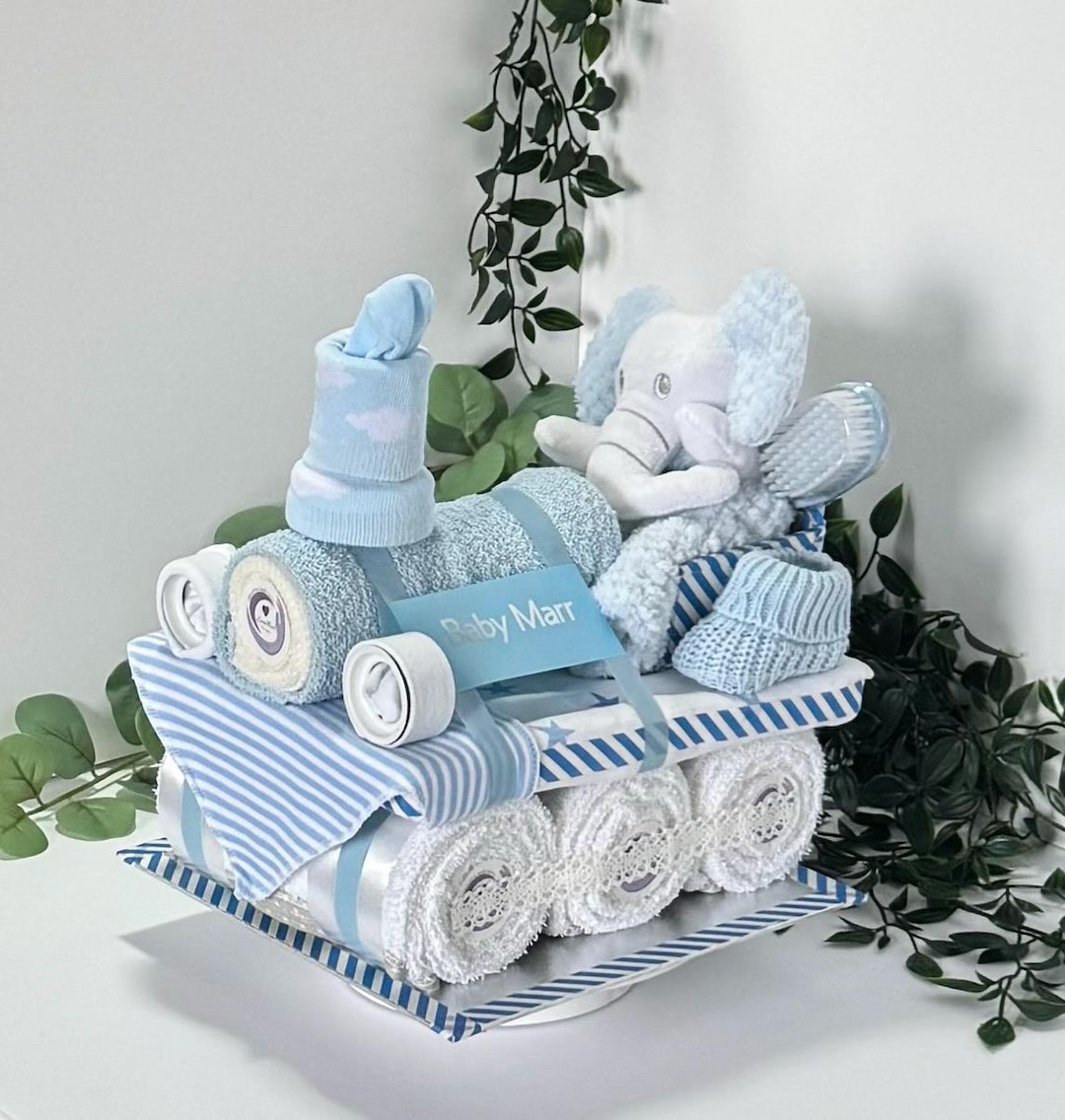 NAPPY CAKE Train Baby Hamper, Blue & White With Optional Extra ...