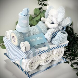 NAPPY CAKE Train Baby Hamper, Blue & White With Optional Extra ...