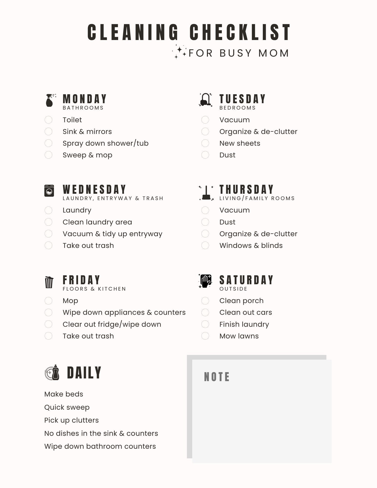 Cleaning Checklist - for a Busy Mom - Etsy