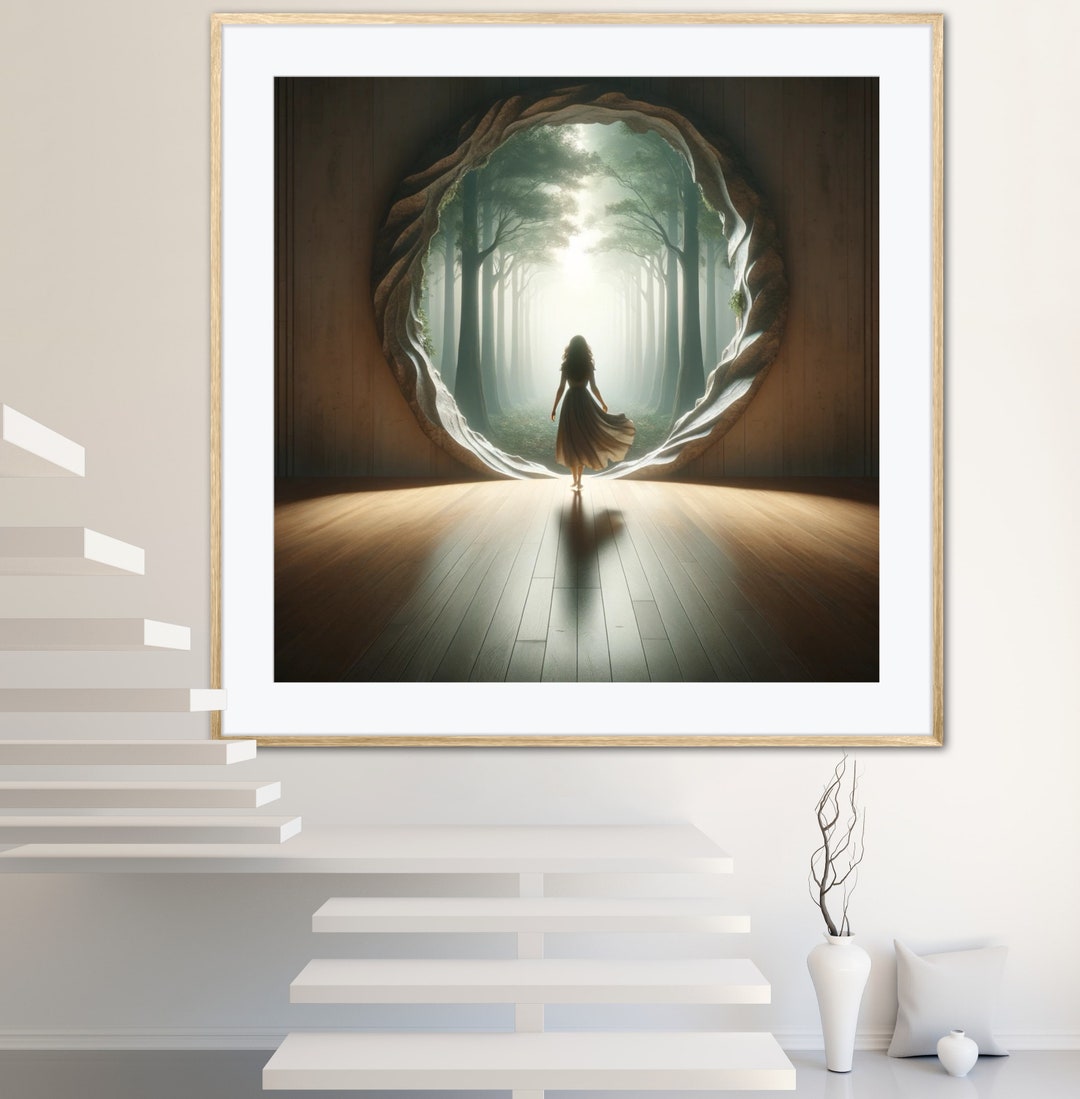 Escape Portal Art Print Woman Entering Ethereal Forest Contemporary ...