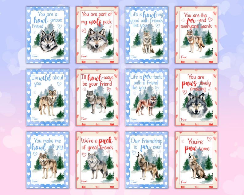 Wolf Valentine Cards for Boy and Girl Outdoor Valentine Forest Animals ...