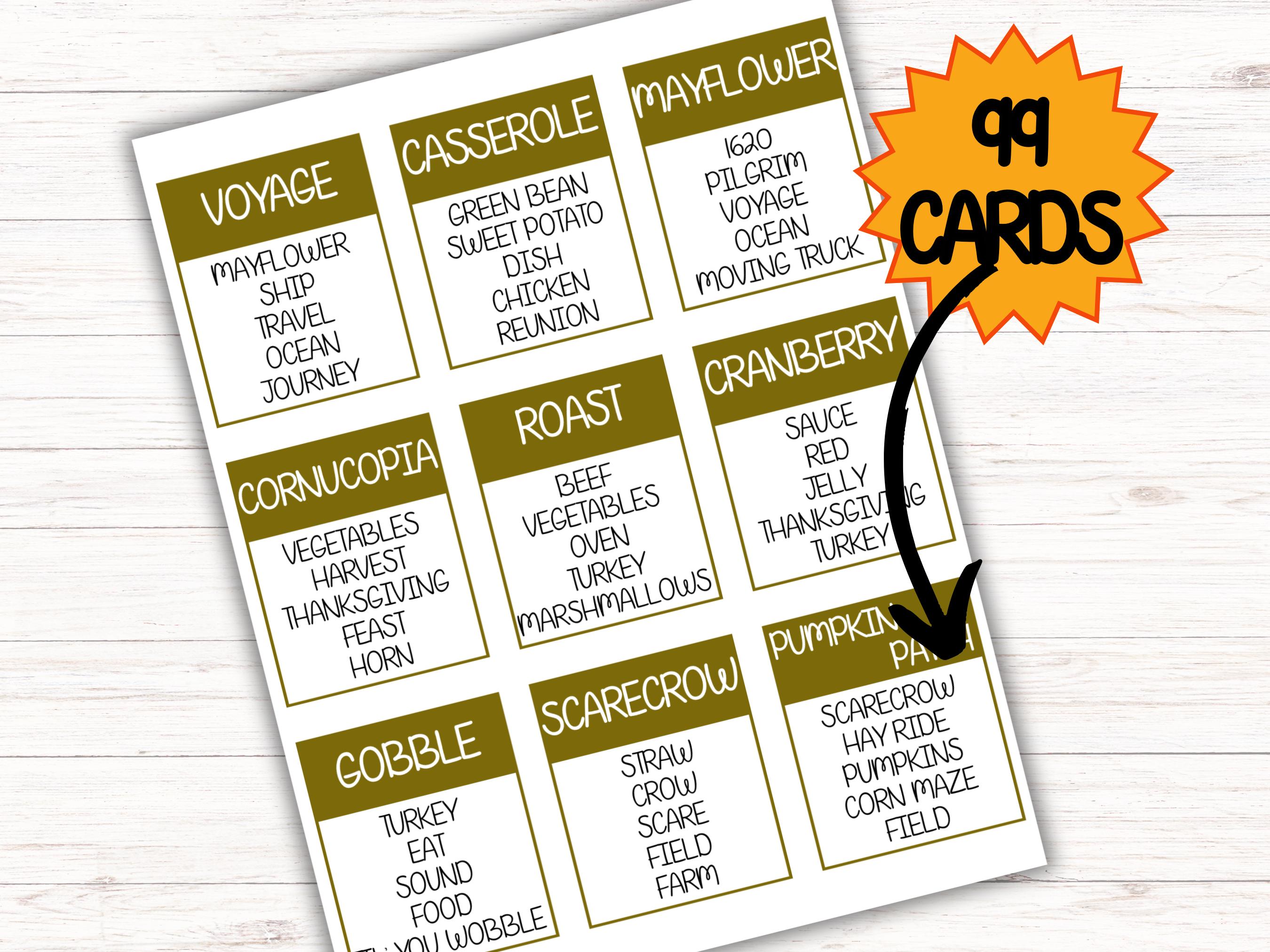 Thanksgiving Taboo Family Game, Thanksgiving Game Cards, Family ...