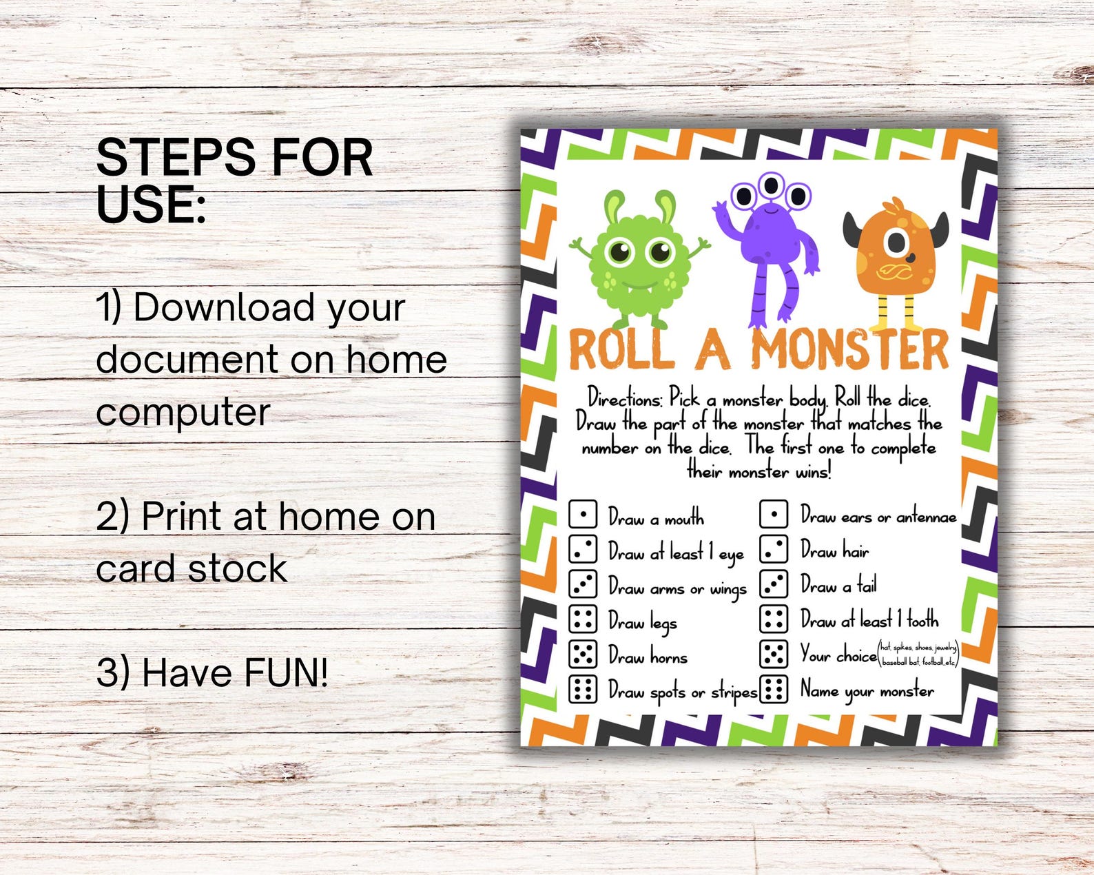 Roll A Monster Dice Game, Printable Kids Halloween Game, Halloween ...