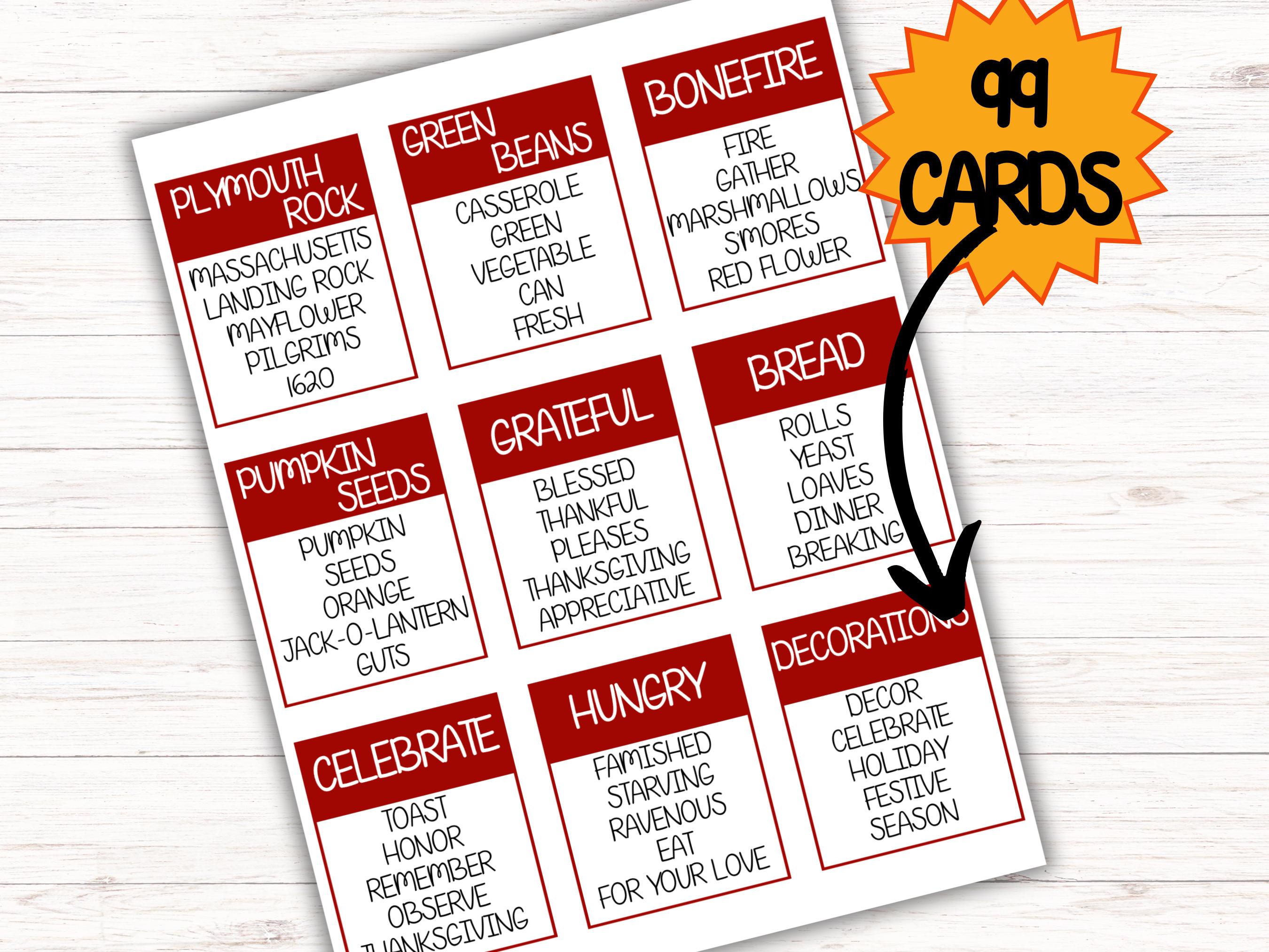 Thanksgiving Taboo Family Game, Thanksgiving Game Cards, Family ...