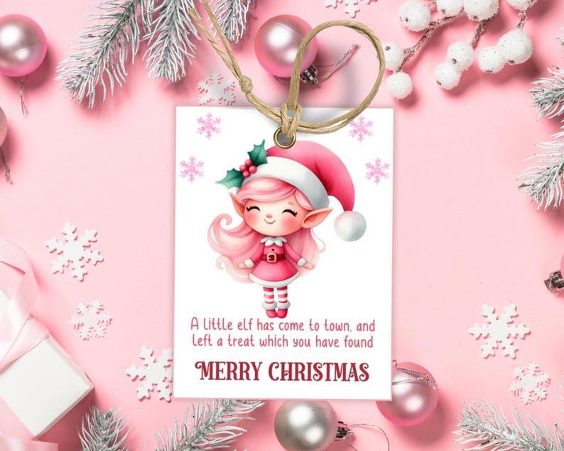You've Been Elfed, Pink Elf Christmas Gift Tag, Pink Holiday Gift Tag ...