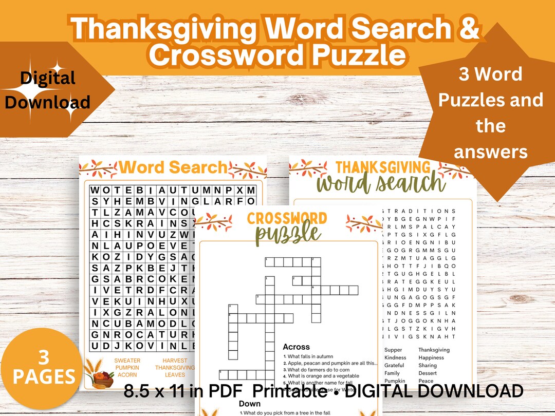 Thanksgiving Word Search, Thanksgiving Crossword Puzzle, Thanksgiving ...