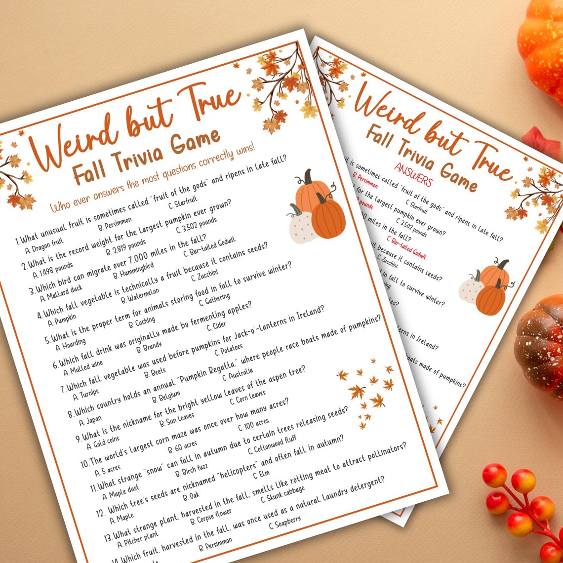 Fun Facts Fall Autumn Trivia Game Friendsgiving Trivia for Adults ...