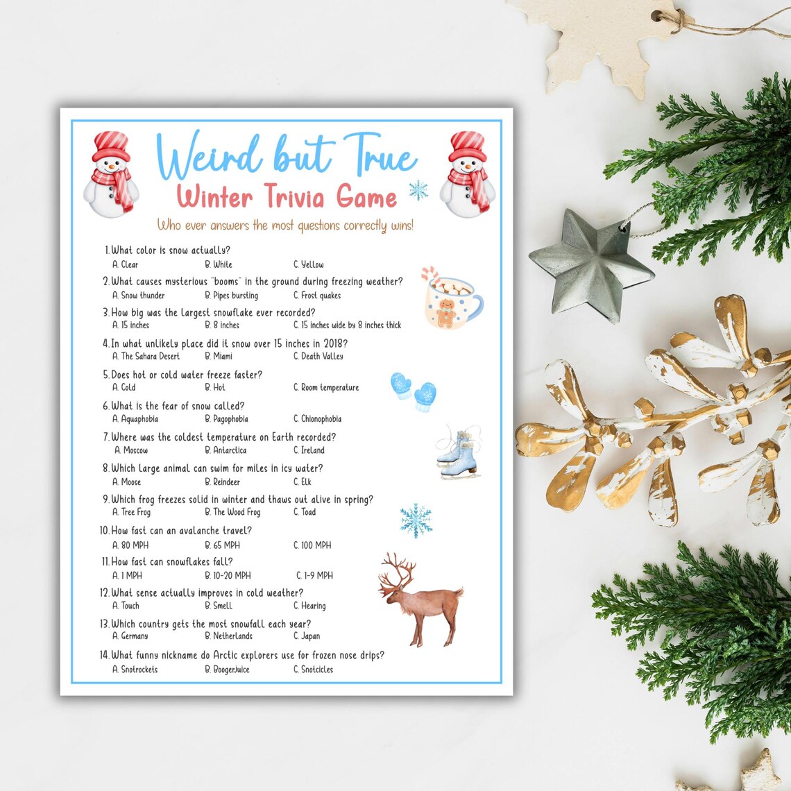 Fun Facts Winter Trivia Game Holiday Party Game Kids Winter Class Party ...