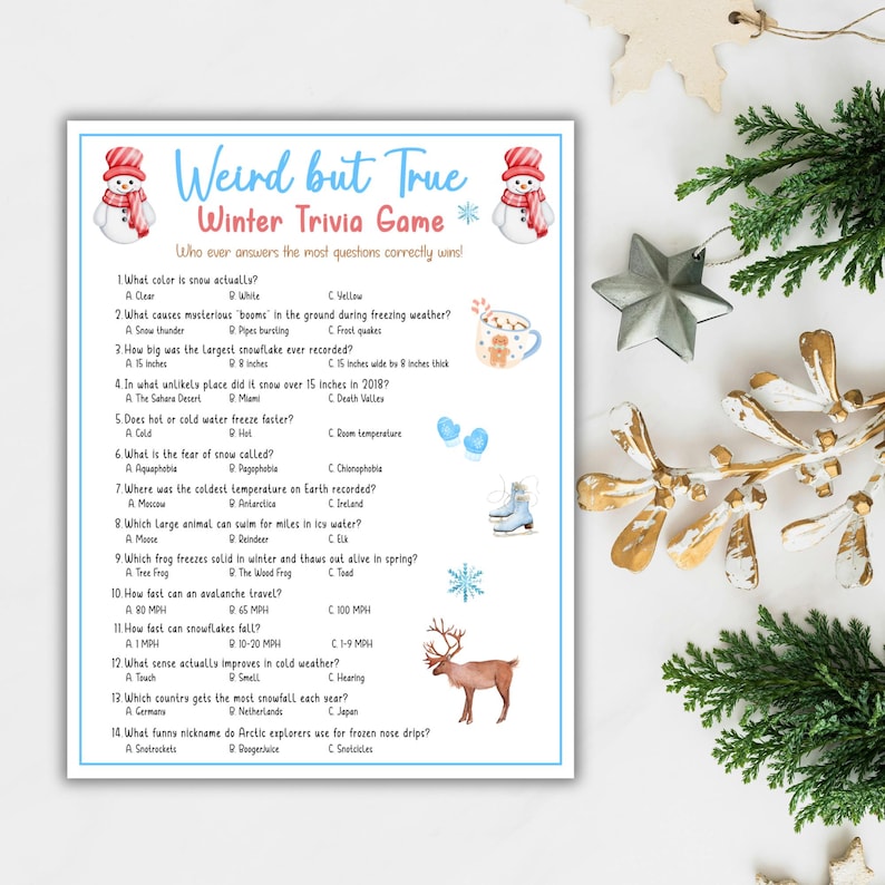 Fun Facts Winter Trivia Game Holiday Party Game Kids Winter Class Party ...