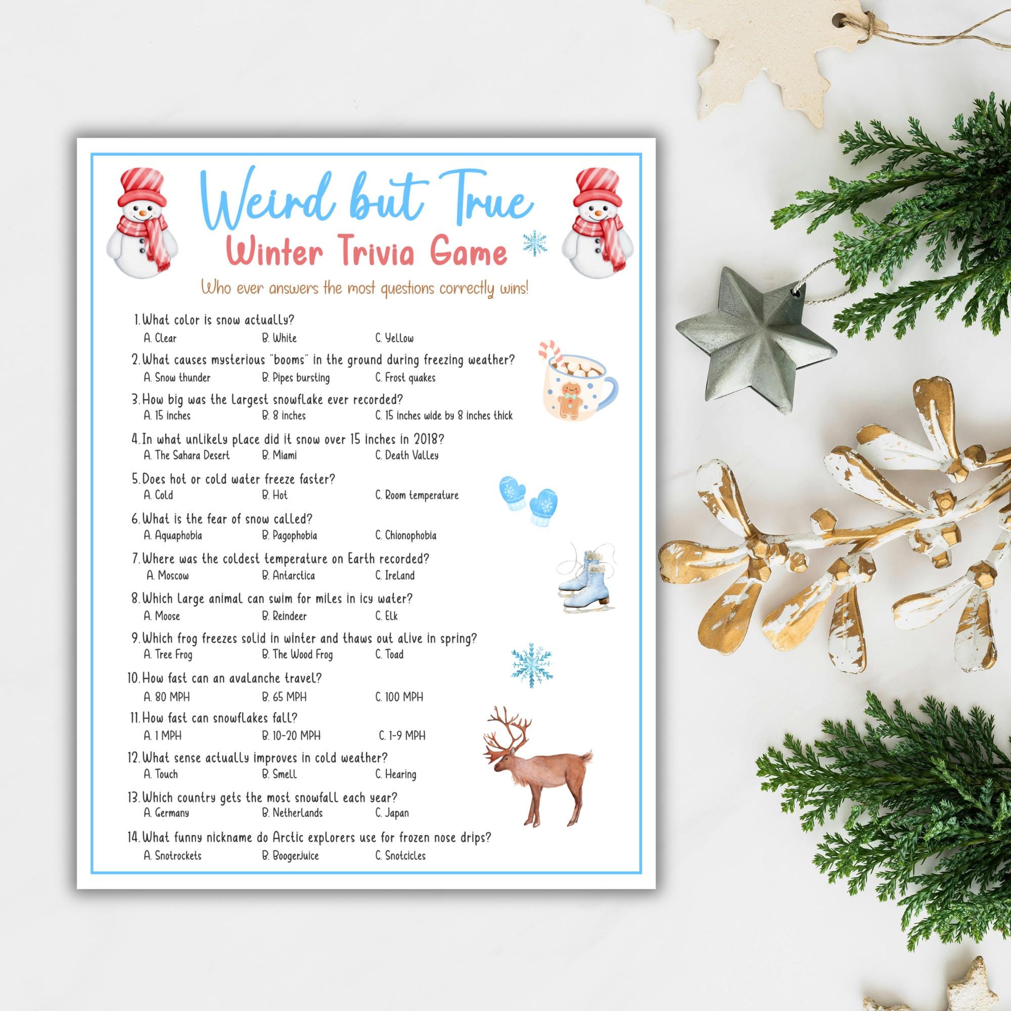 Fun Facts Winter Trivia Game Holiday Party Game Kids Winter Class Party ...