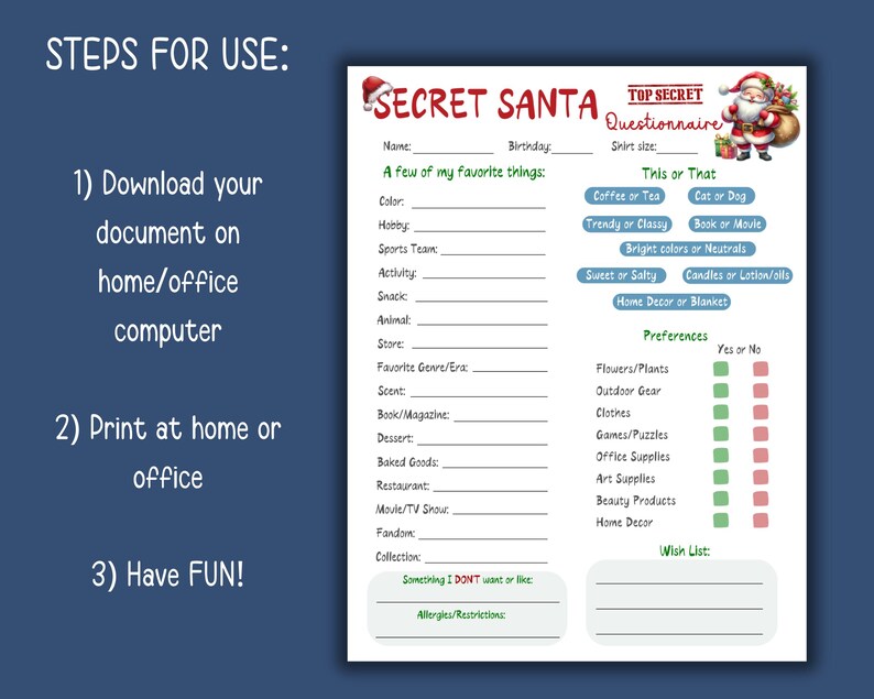 Secret Santa Questionnaire, Secret Santa Survey, Work Secret Santa ...