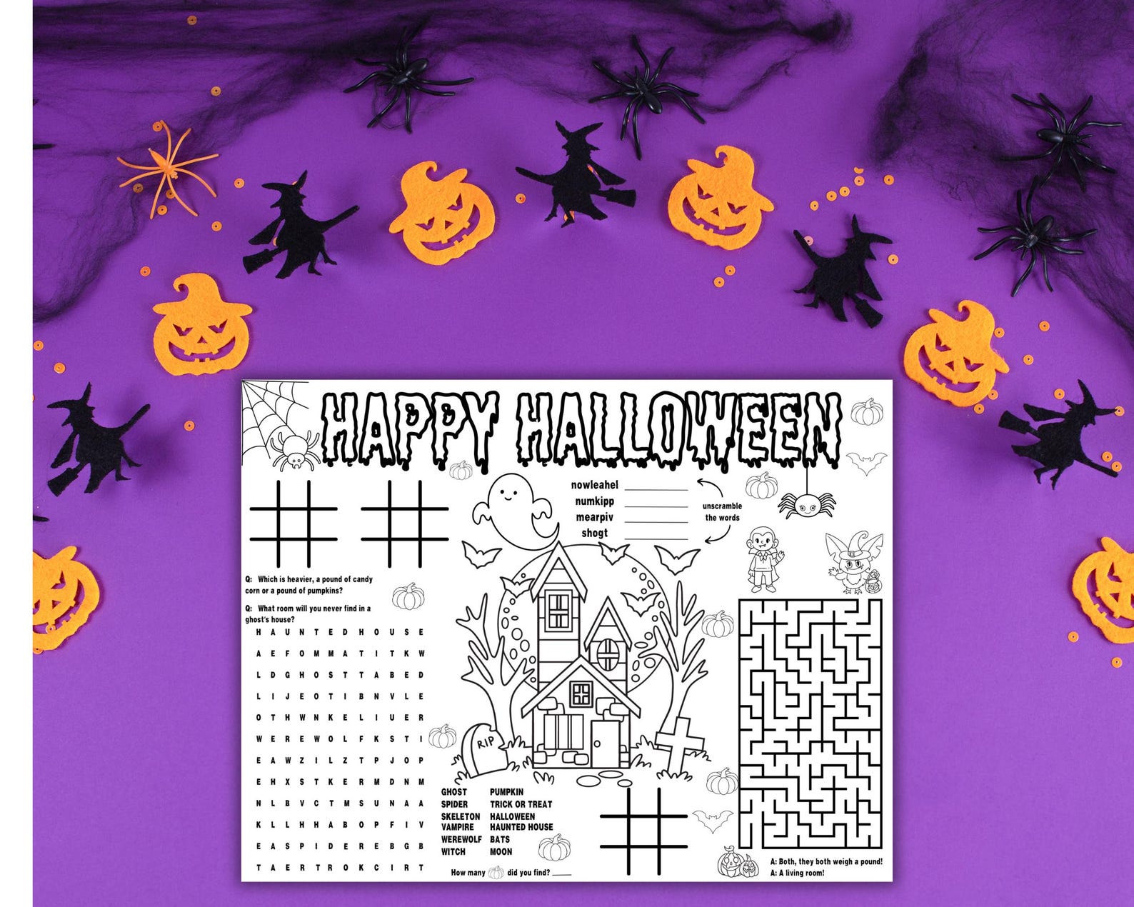 Halloween Placemat, Halloween Coloring Activity Placemat, Halloween ...