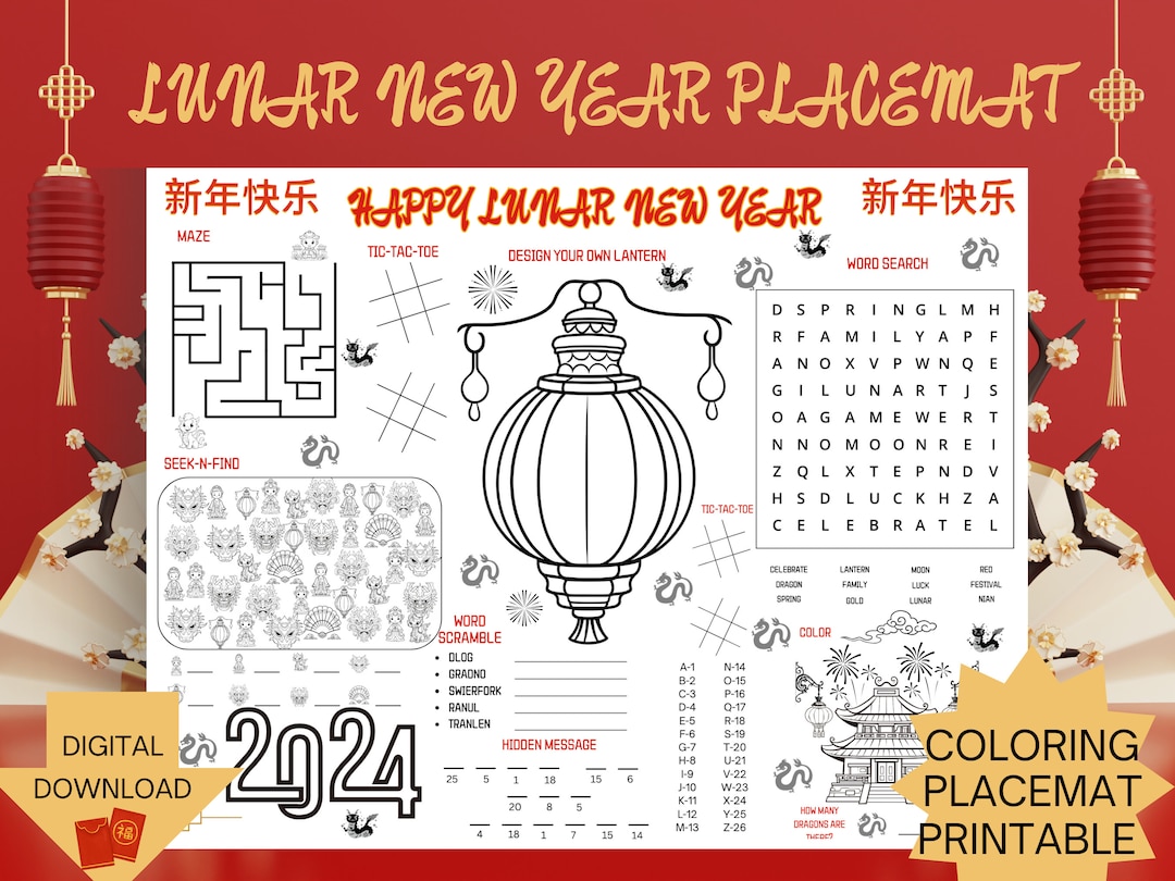 Kids Printable Lunar New Year Placemat, Coloring Placemat, Year of the ...