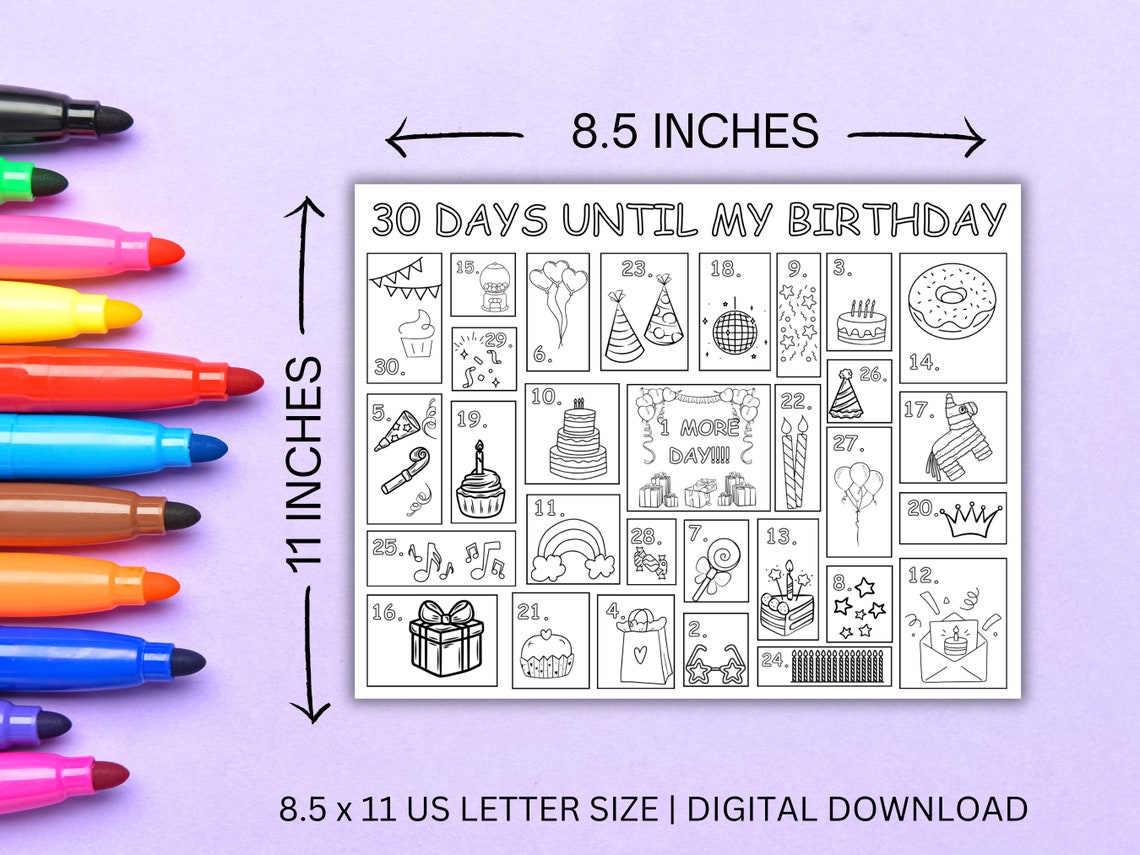 Birthday Countdown for Child Calendar Countdown for Birthday Coloring ...