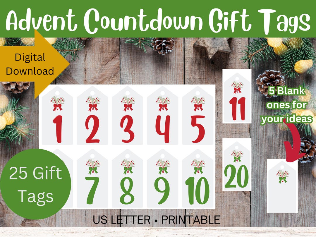 Christmas Countdown Gift Tags, Numbered Gift Tags, Advent Calendar Tags ...