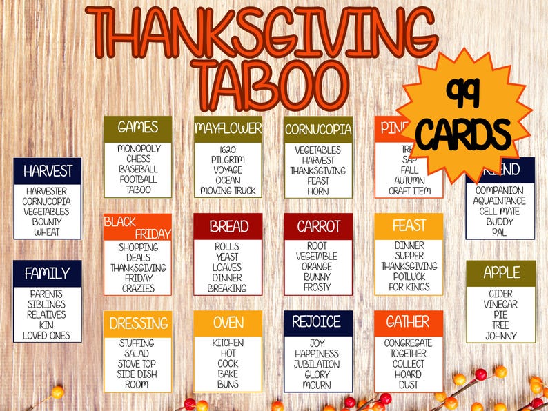 Thanksgiving Taboo Family Game, Thanksgiving Game Cards, Family ...
