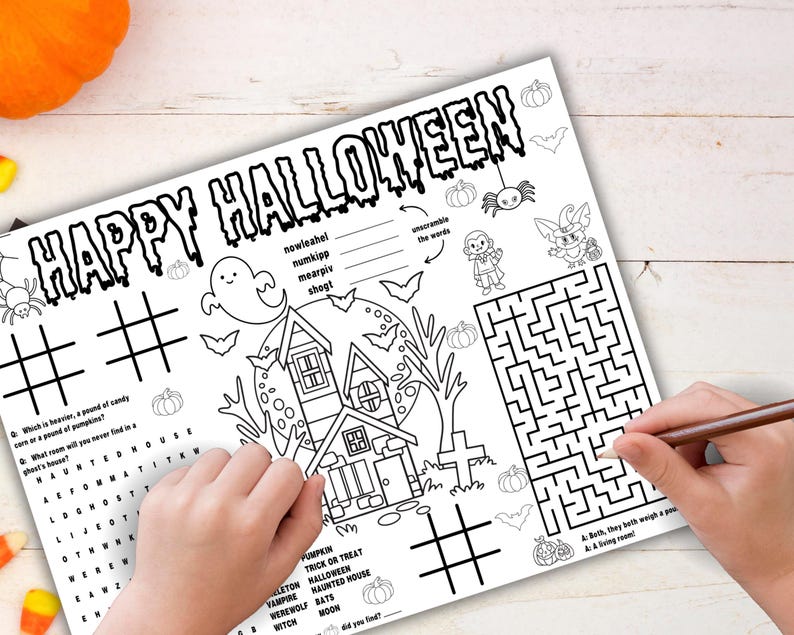 Halloween Placemat, Halloween Coloring Activity Placemat, Halloween ...