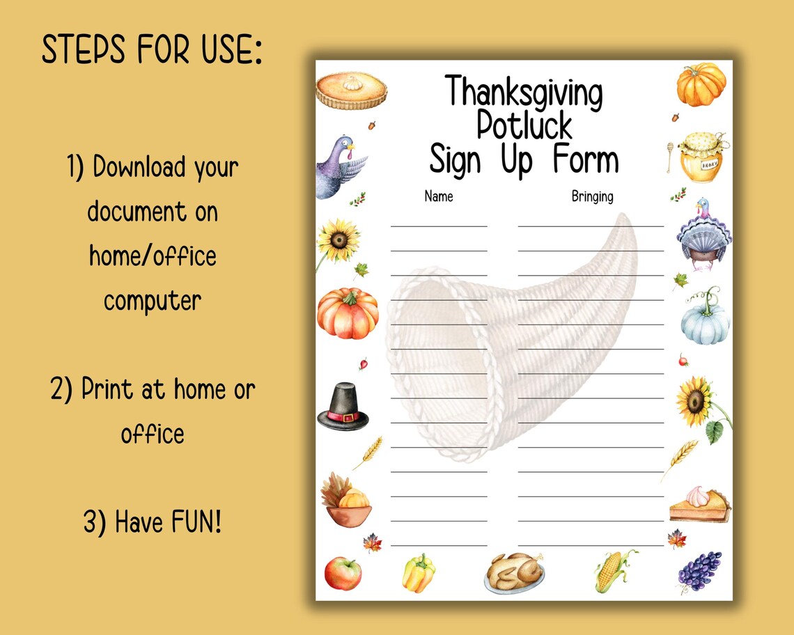 Thanksgiving Potluck Form, Thanksgiving Food Sign up Sheet ...