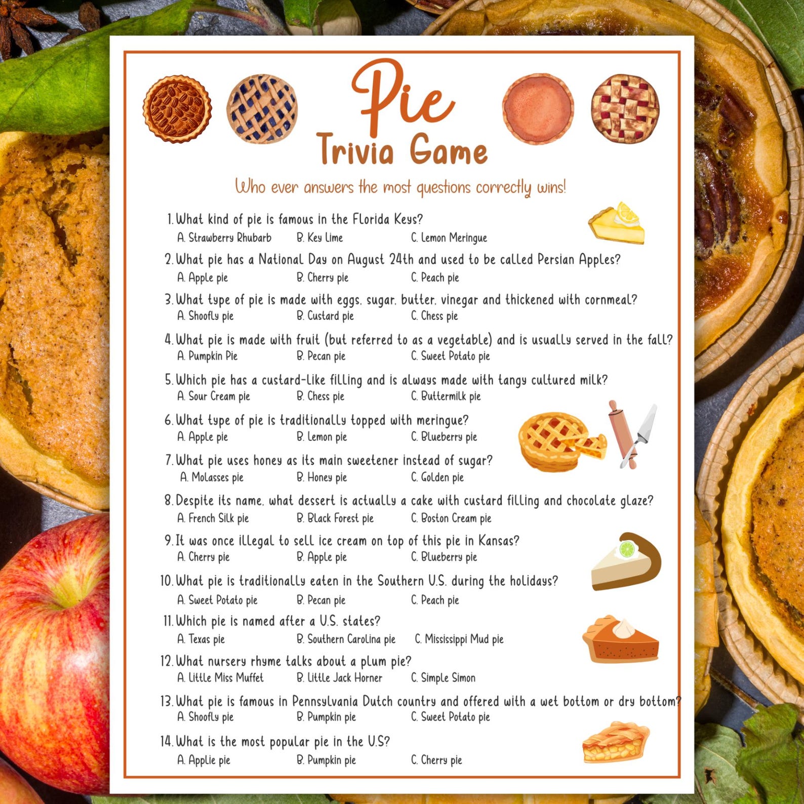 Pie Trivia Game Fall Autumn Trivia Game Thanksgiving Friendsgiving ...