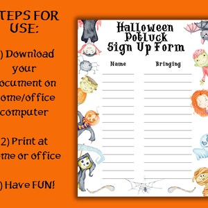 Halloween Potluck Sign up Sheet, Halloween Party Potluck Form ...