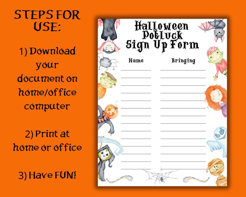 Halloween Potluck Sign up Sheet, Halloween Party Potluck Form ...