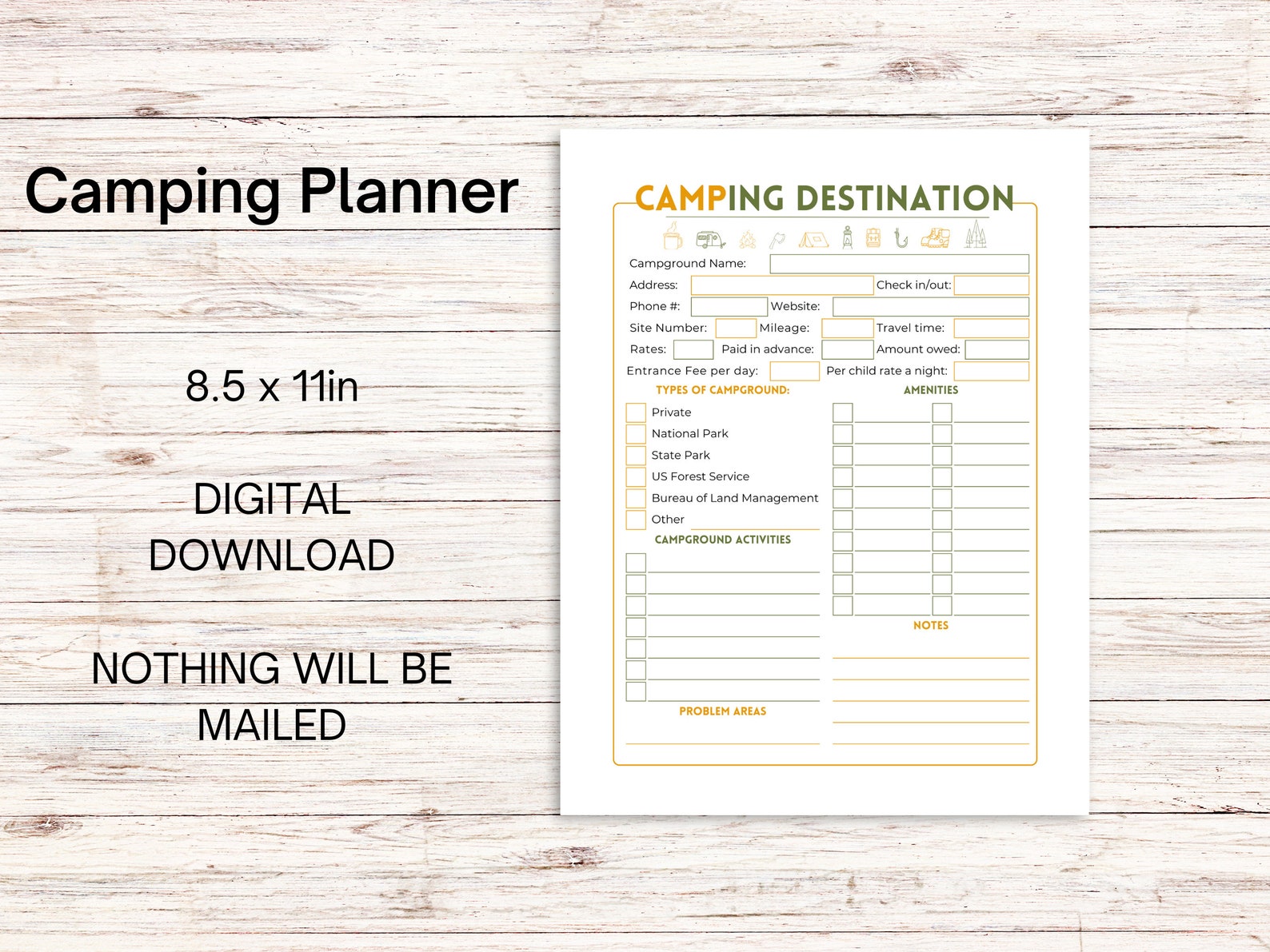 Camping Planner, RV Planner, RV Printable Camping Itinerary, Campsite ...