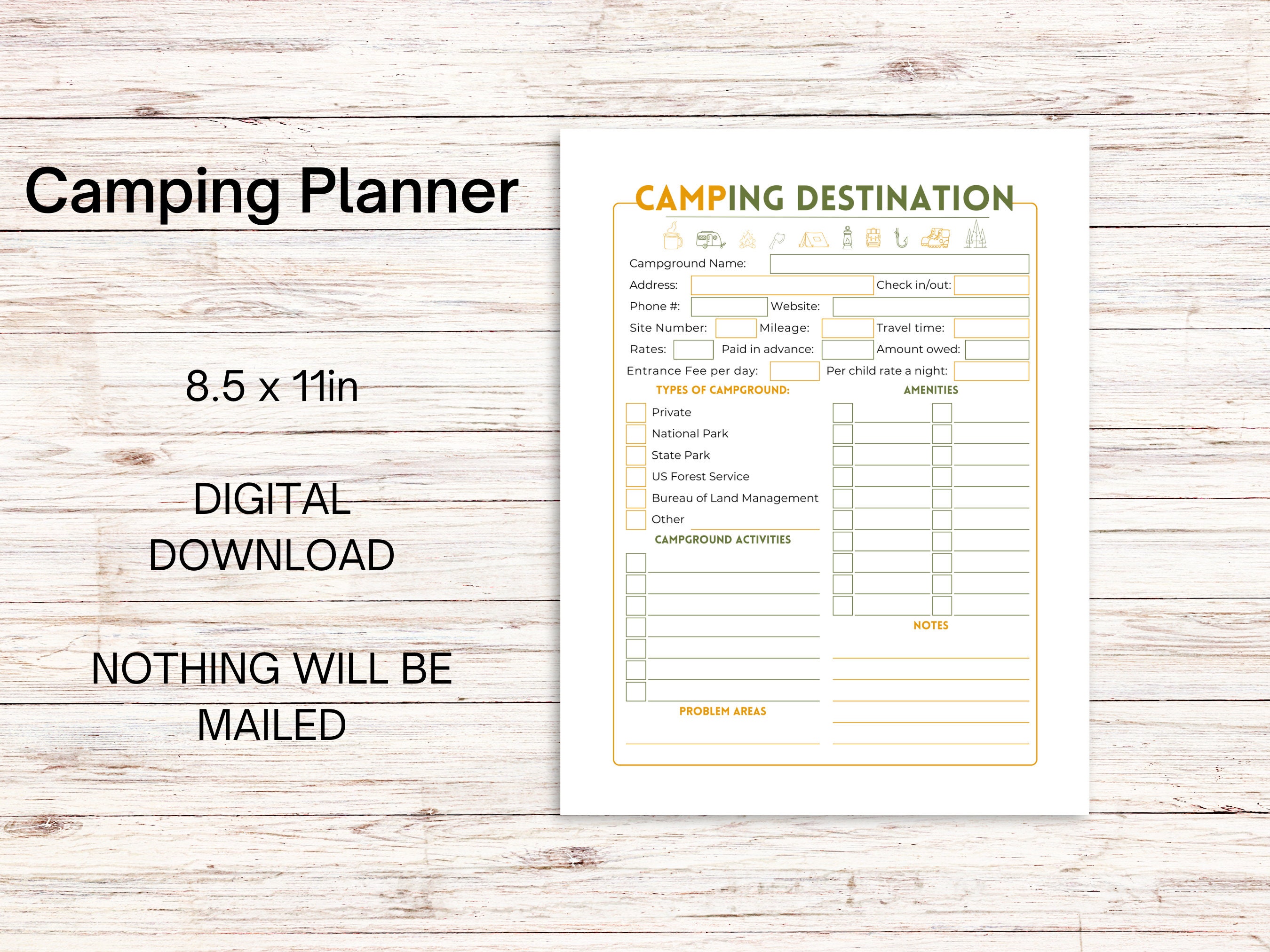 Camping Planner, RV Planner, RV Printable Camping Itinerary, Campsite ...