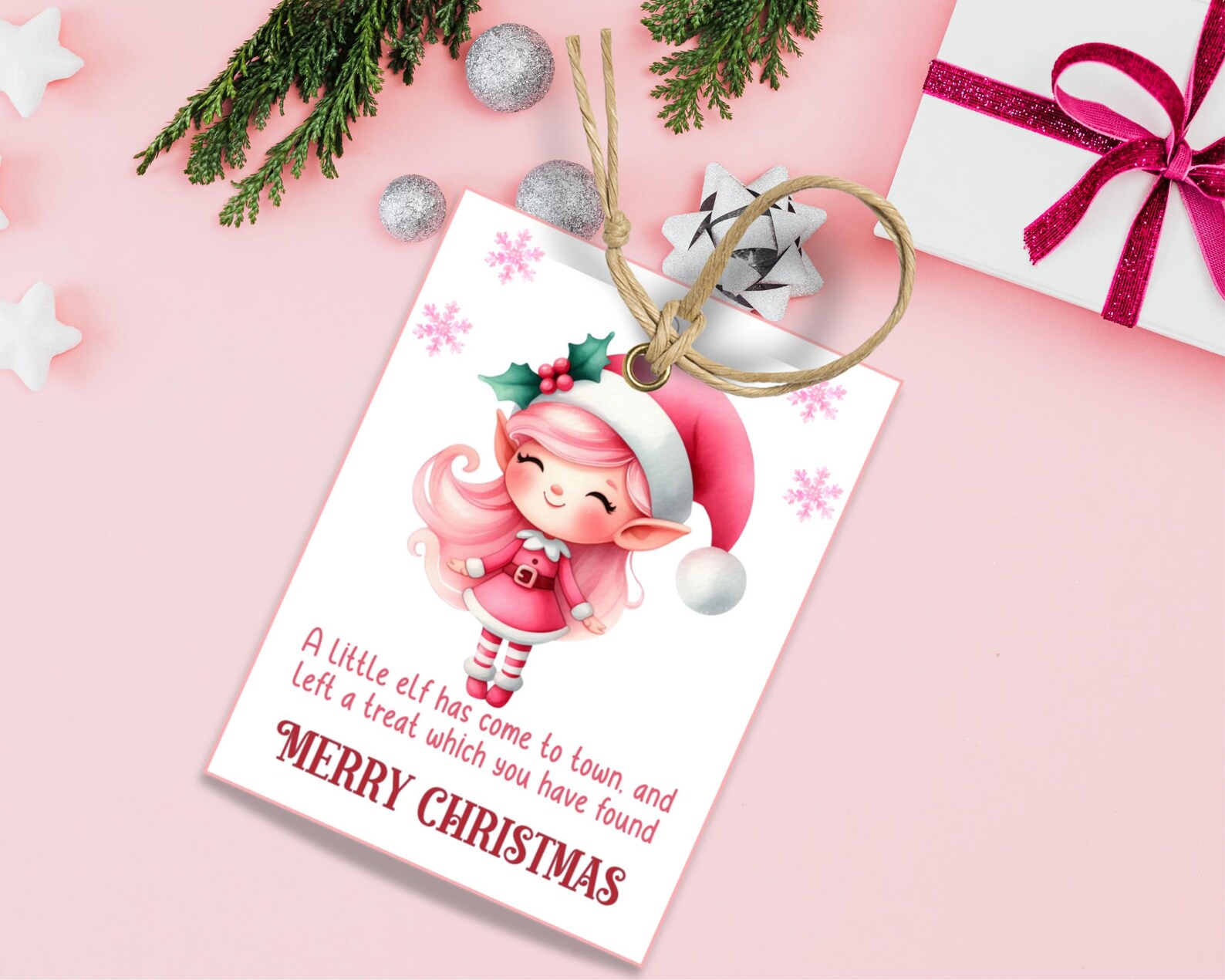 You've Been Elfed, Pink Elf Christmas Gift Tag, Pink Holiday Gift Tag ...
