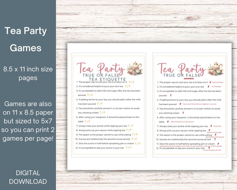 Tea Party Games Bundle for Ladies Tea Party and Kids Tea Party Games ...