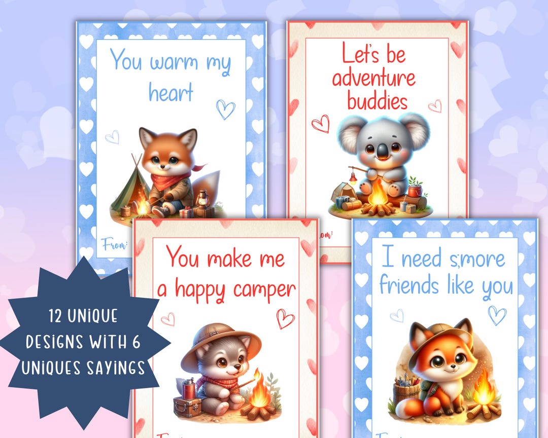 Camping Valentine S'mores Cards With Cute Forest Animals Valentine for ...