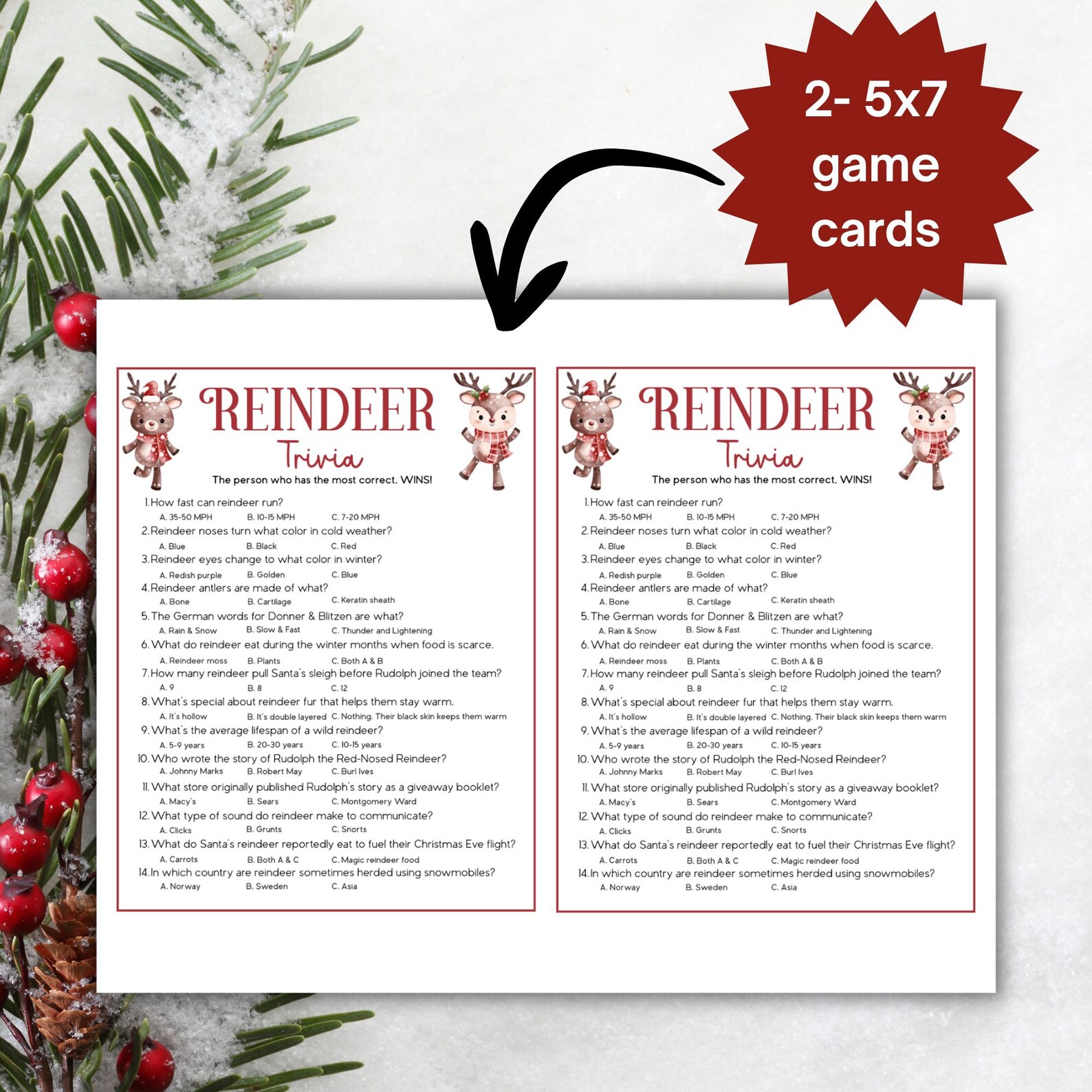 Reindeer Trivia Fun Christmas Game for Winter Classroom Party Reindeer ...