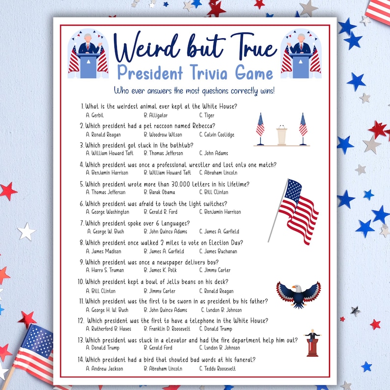 Fun Facts US Presidents Game Patriotic Presidential Fun Trivia Games ...