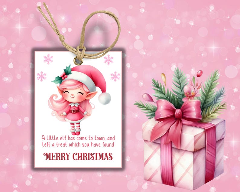 You've Been Elfed, Pink Elf Christmas Gift Tag, Pink Holiday Gift Tag ...