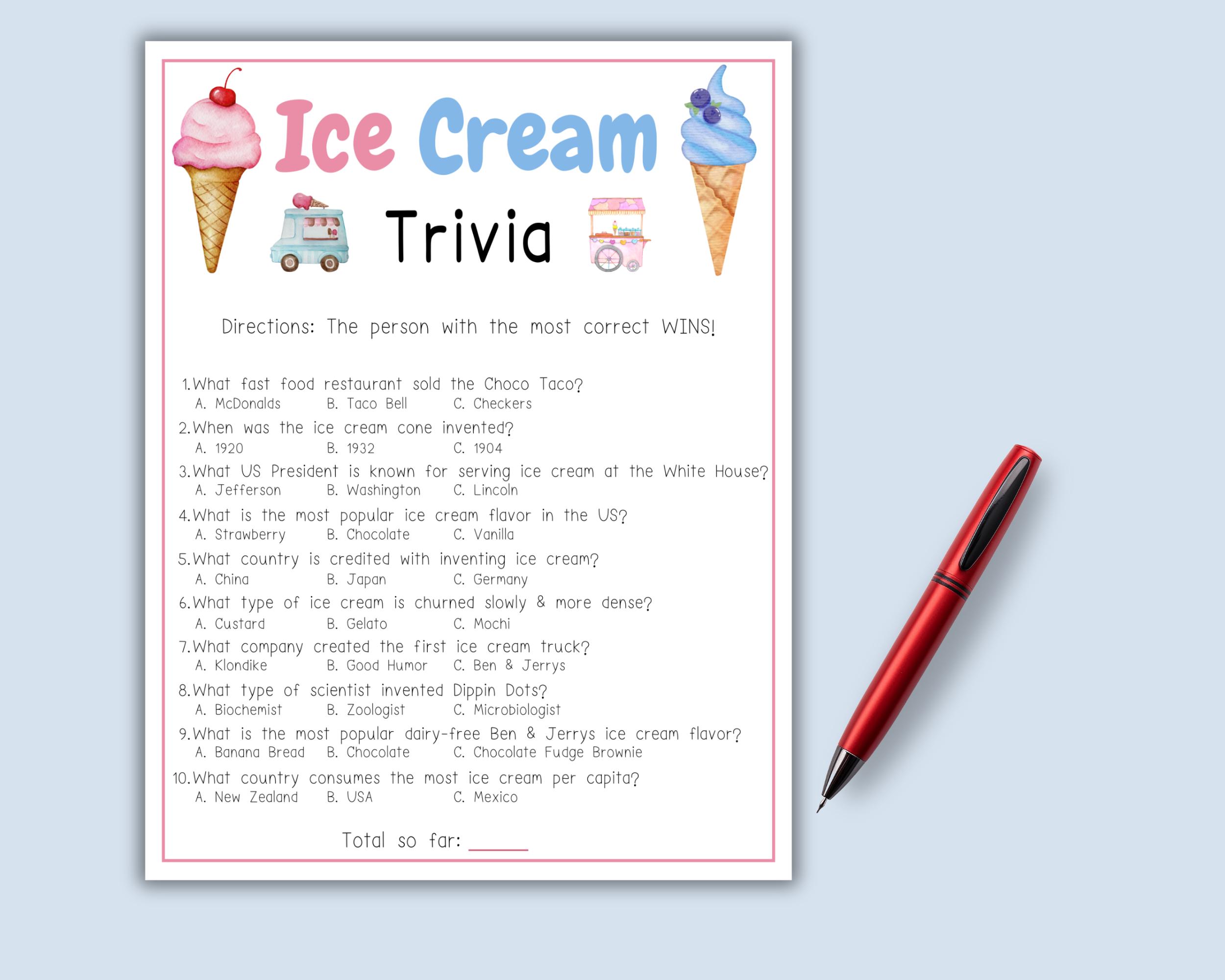 Ice Cream Trivia Birthday Party Fun Office Work Social Kids Summer Camp ...