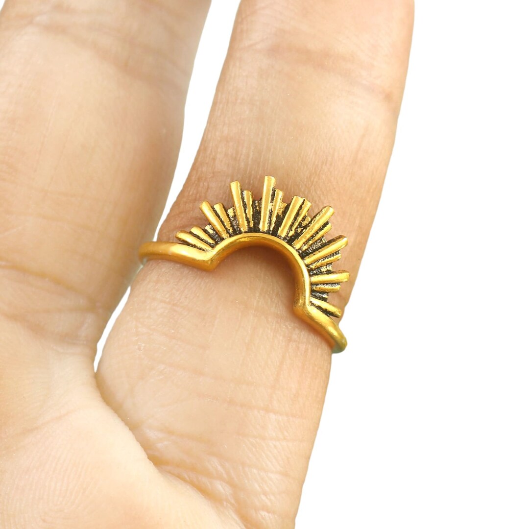 14k Solid Gold Sunburst Ring, Gold Sunbeam Ring, Sunshine Ring, Rising ...